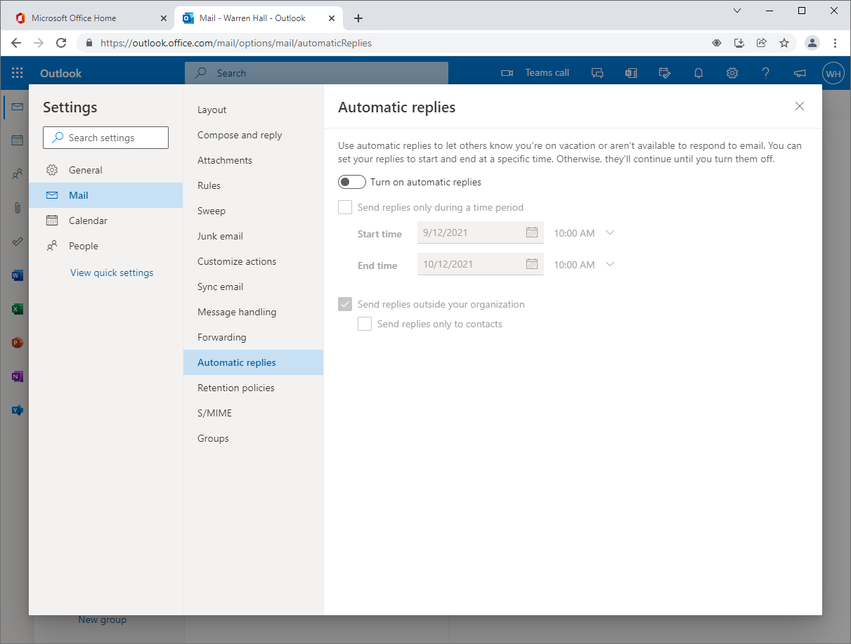 Turn off Automatic Replies (Out of Office) through Office 365 (Web App ...