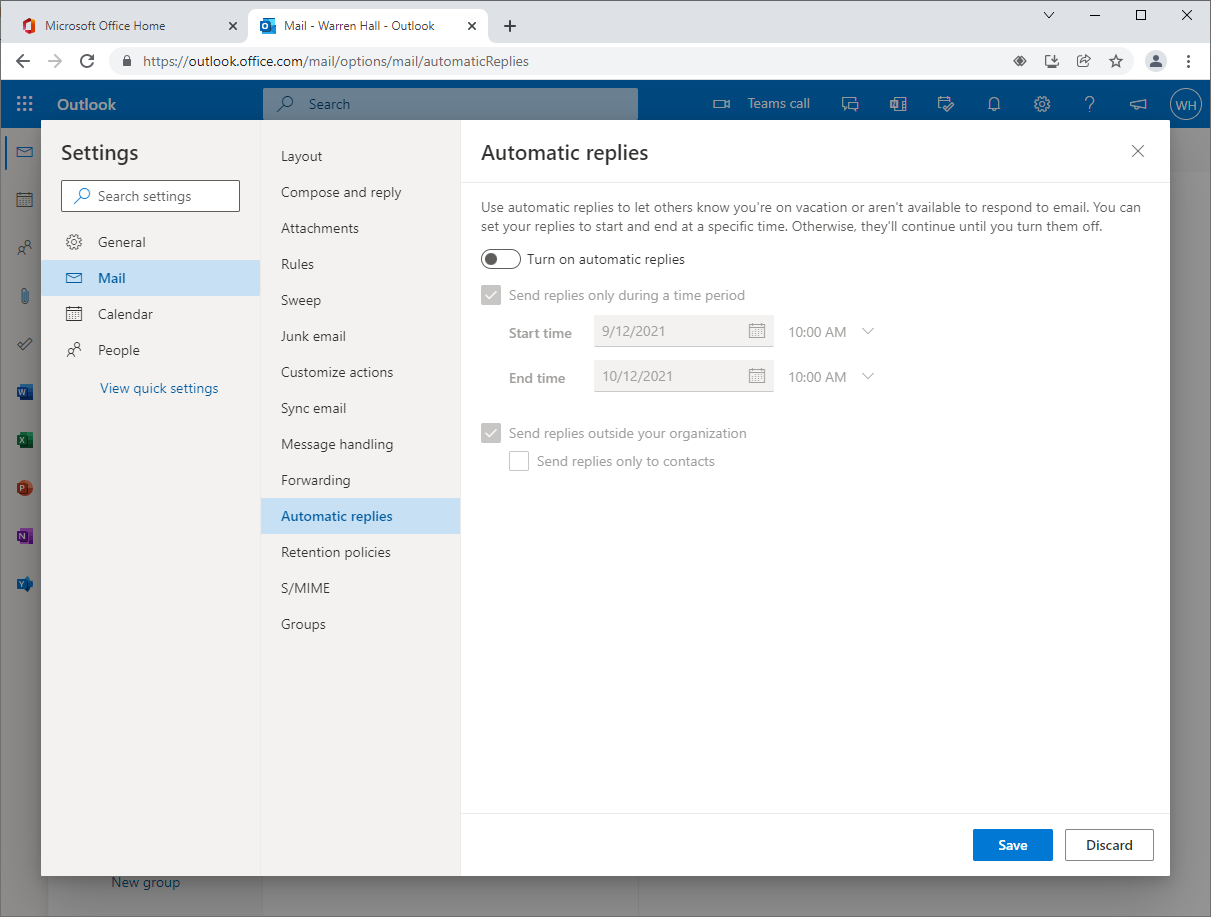 Turn off Automatic Replies (Out of Office) through Office 365 (Web App ...